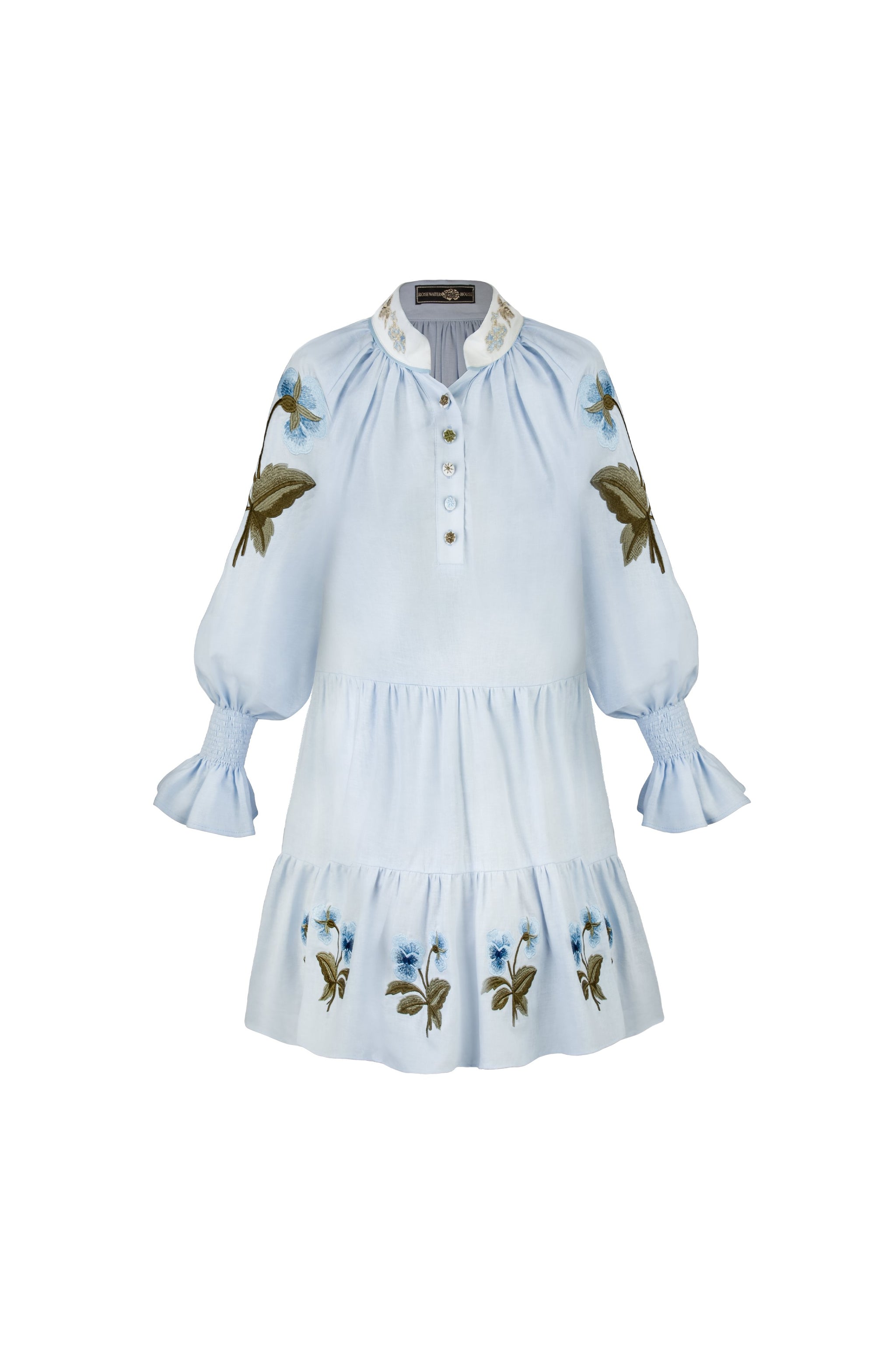 Amelia Mini dress - Pansy Embroidered Blue & Navy | Rosewater House